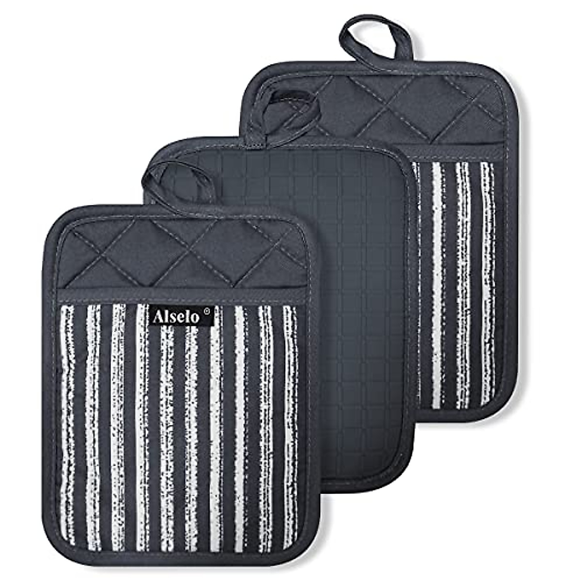 Alselo Silicone Pot Holders Set of 3 Heat Resistant & Non Slip Potholders, Professional Oven Hot Pads with Pockets Mitts for Kitchen Cooking Baking Barbecue