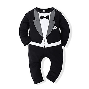 Kimocat Baby Boy Romper Tuxedo Jumpsuit Gentleman One-Piece Button-Down Bowtie Wedding Suit Bodysuit