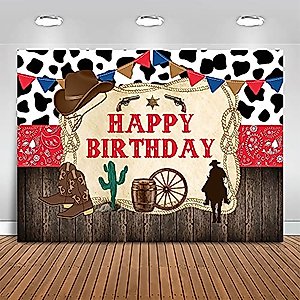 Mocsicka Western Cowboy Happy Birthday Backdrop Rustic Old West Rodeo Cowboy Background Red Bandana and Rustic Wood Kids Birthday Party Decoration Banner (7x5ft (82x60 inch))