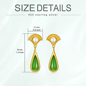 BETHZA Green Jade Earrings 925 Sterling Silver Gold Plated Teardrop Jade Dangle Earring Chinese Style Fan Drop Earring Jewelry Gifts for Women
