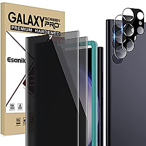 Esanik [2+2Pack] Privacy Screen Protector for Samsung Galaxy S23 Ultra 6.8-inch [NOT for S23 Plus/S23] Anti Spy PET Film(NOT Glass) with Easy Installation Frame + Camera Lens Protector Fingerprint ID Compatible