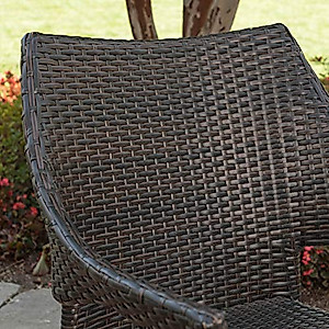 Christopher Knight Home Morley Outdoor Acacia Wood Dining Set with Wicker Stacking Chairs, 6-Pcs Set, Teak Finish / Rustic Metal / Multibrown