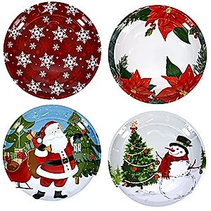 IM Customization Christmas 10-in. Tin Serving Trays - Set of 4 - One of Each Design Including Santa, Snowman, Snowflakes, and Poinsettias