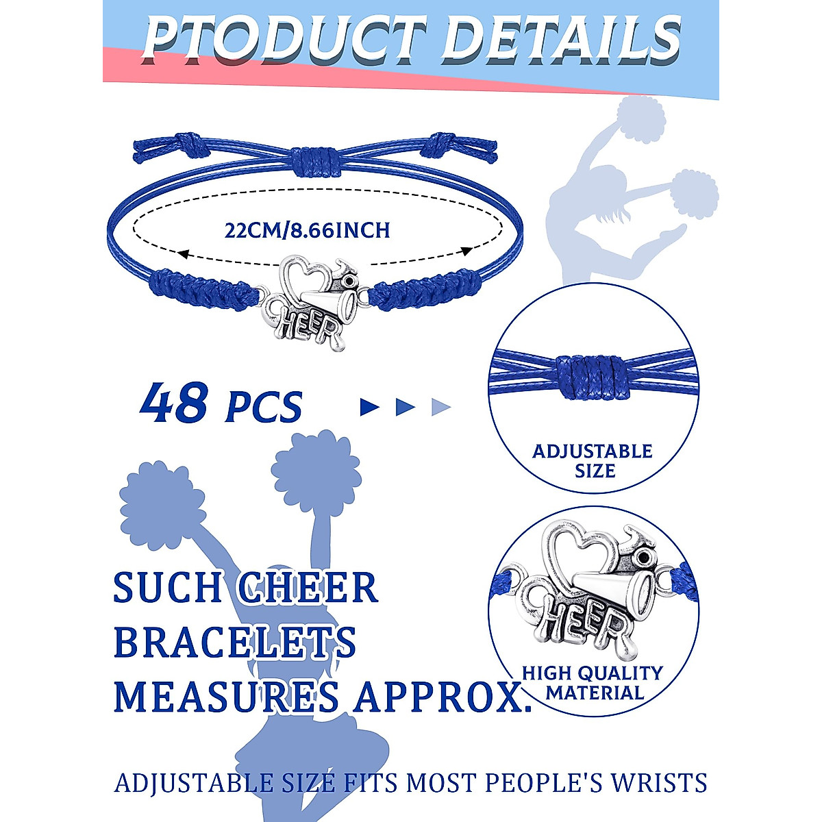 Inbagi 48 Pcs Cheerleader Gifts Cheer Bracelet Girls Cheerleading Charm Bracelet Adjustable Cheerleader Gifts for Cheer Team Cheerleading Jewelry Accessories Bulk (Blue)