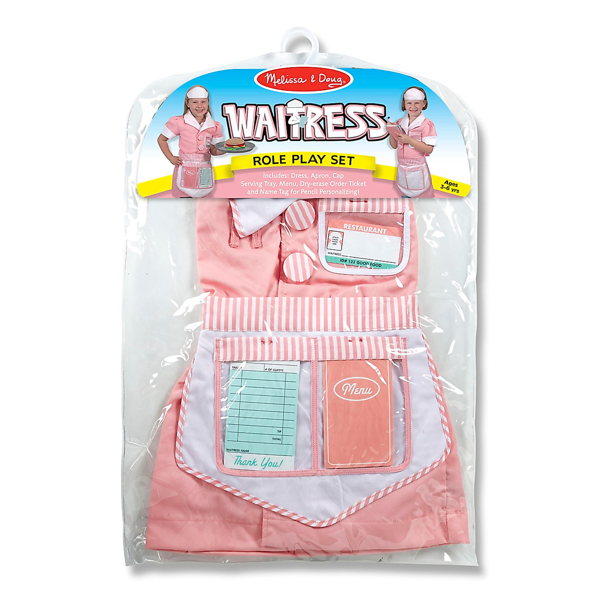 Melissa & Doug Waitress Role Play Costume Set (7 pcs) - Includes Apron, Order Pad, Cap Pink 3-6 years