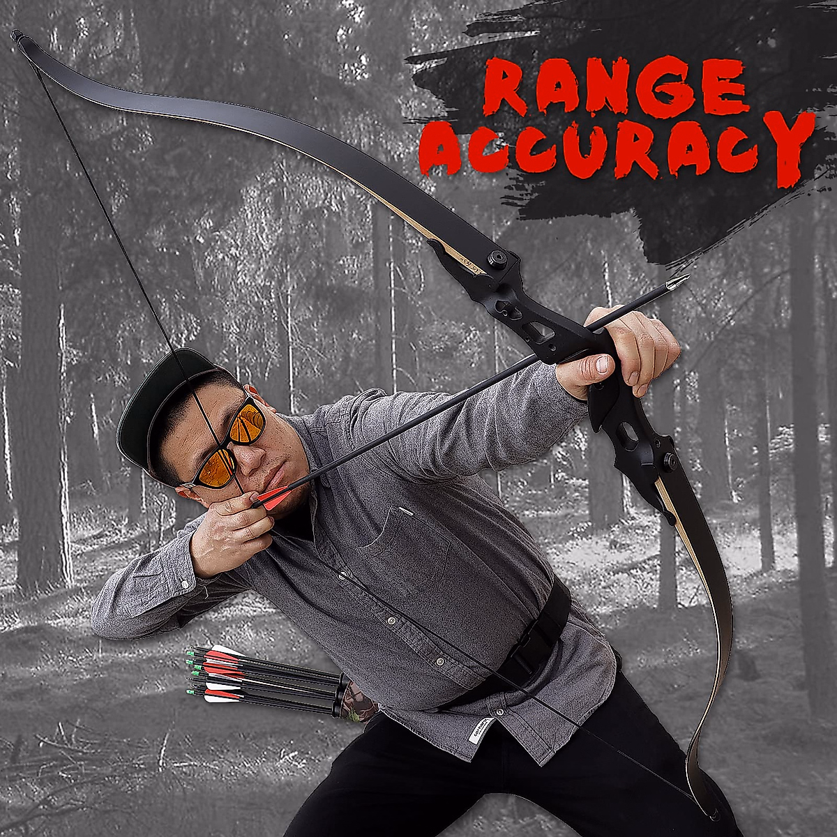 Black Hunter Recurve Bows Bow and Arrow for Adults Hunting Bow Archery Bow Longbow 60" 20-55 lbs Right Hand Aluminium Alloy Riser with Mixed Carbon Arrows for Outdoor Shooting Competition (50 lbs)