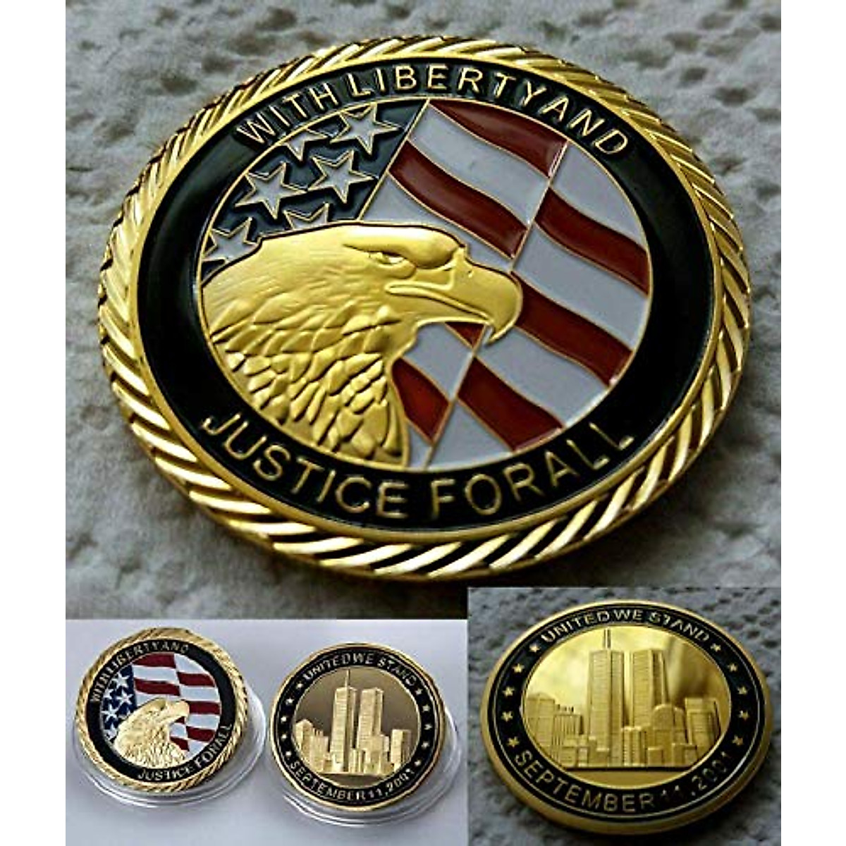 2001 United States of America World Trade Centre September 9/11 Commemorative 'UWS' United we Stand 24kt Liberty Gold Plated Brass Challenge Coin