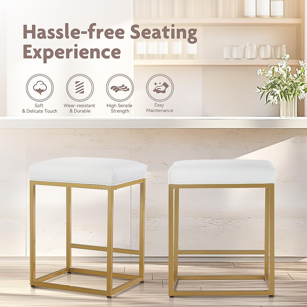 ALPHA HOME 24 Inch Counter Height Bar Stools Set of 3, Upholstered Bar Stools for Kitchen Island, Counter Stools with Faux Leather Cushion and Sturdy Metal Frame, Modern Barstools, White and Gold