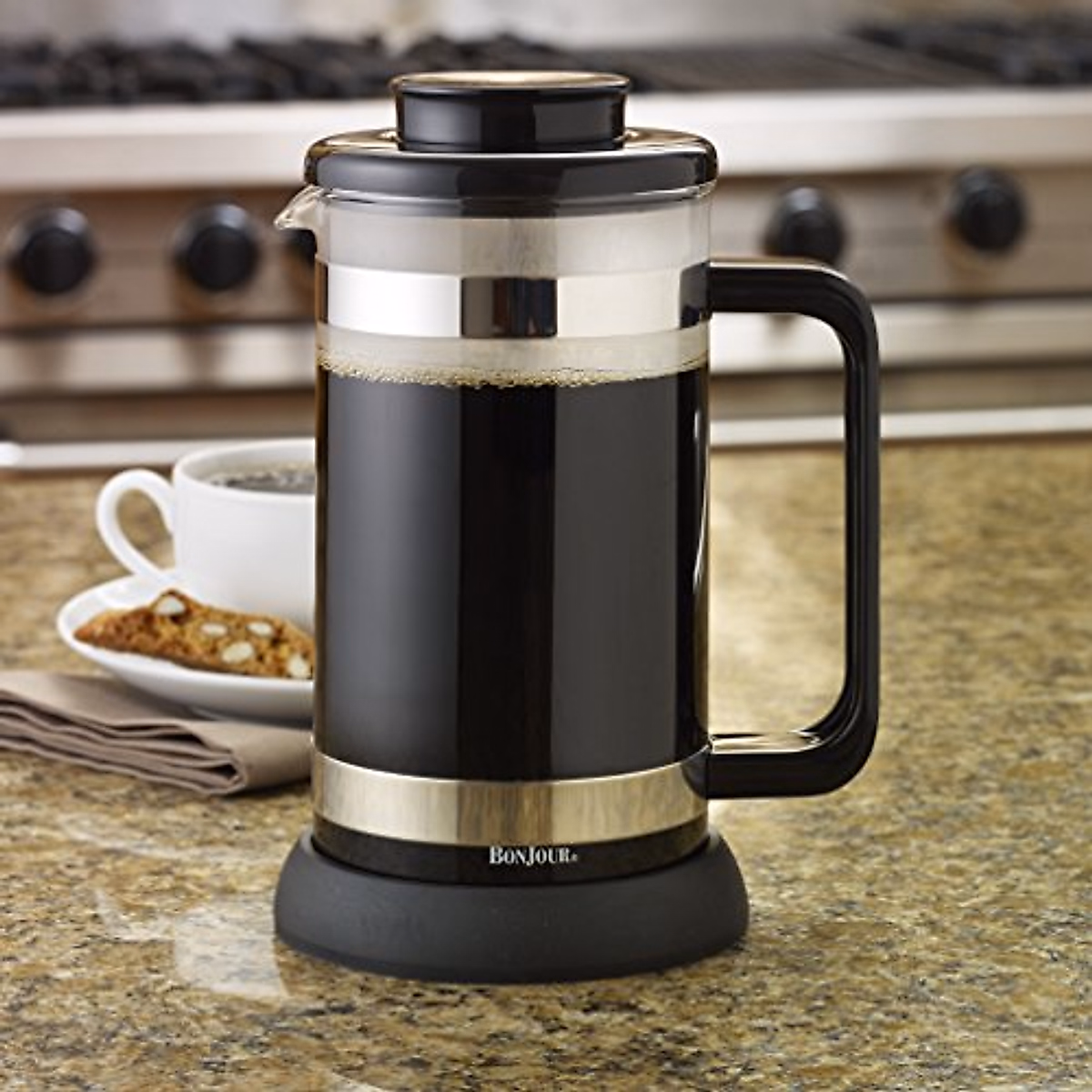BonJour Coffee Borosilicate Glass French Press with Coaster & Scoop, 33.8-Ounce, Riviera, Black