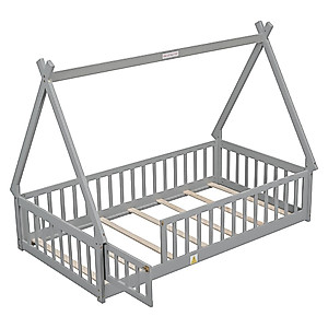 TURRIDU Twin Tent-Shaped Solid Wood Bed with Door & Guardrails,Montessori Floor Bed Frame with Wood Slat Support, Grey Teepee Bed for Toddlers Boys Girls, No Box Spring Needed