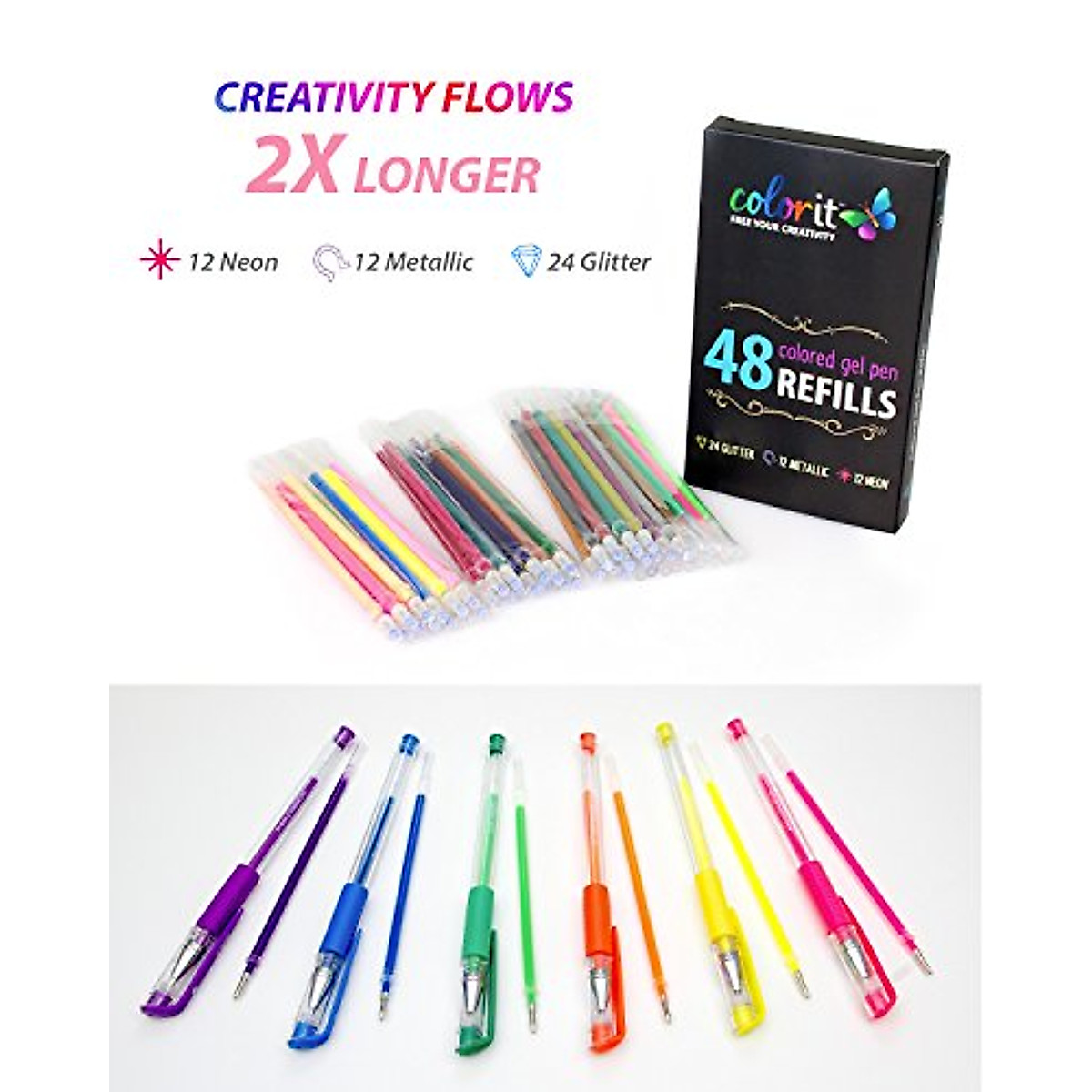 ColorIt 48 Gel Pen Ink Refills for Glitter, Metallic, and Neon - Color Coded for Easy Replacement (Gel)