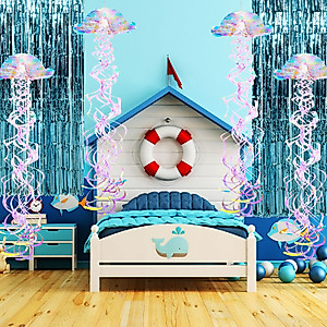 6 Pcs Under Sea Mermaid Party Decoration, Include Glitter Iridescent Jellyfish Decor, Light Blue Metallic Tinsel Foil Fringe Curtains Backdrop for Ocean Theme Birthday Party