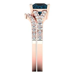 Clara Pucci 2.01ct Princess Cut Solitaire Natural London Blue Topaz Engagement Promise Anniversary Bridal Ring Band set 14k Rose Gold 3.5