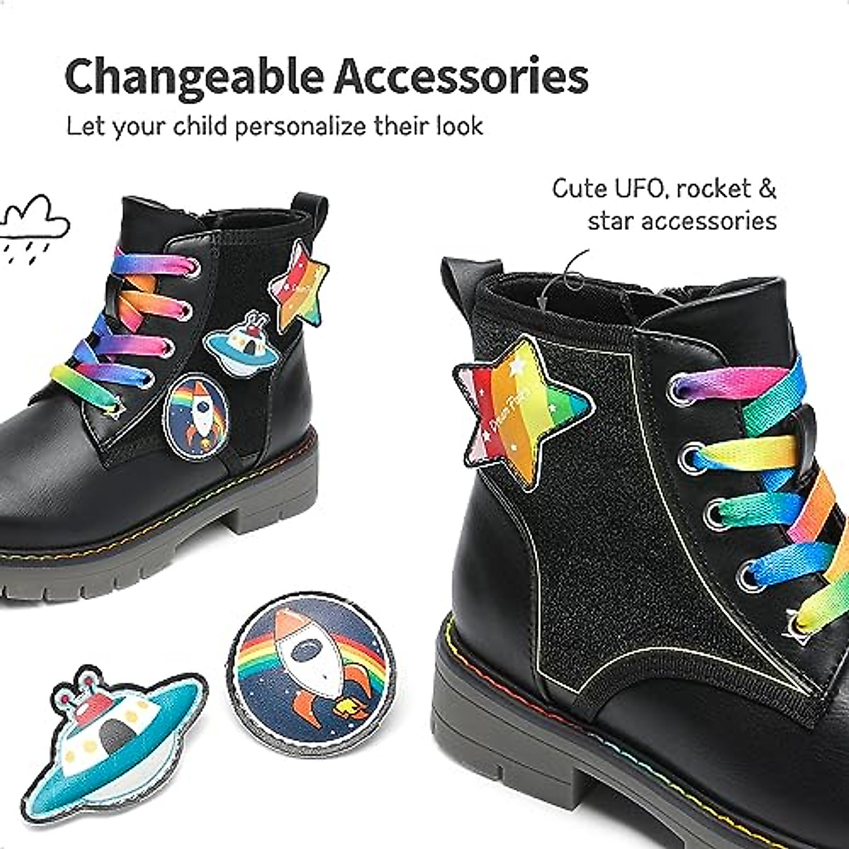 DREAM PAIRS Girls Boys Glitter Ankle Boots Side Zipper Combat Shoes with Lace Up for Toddler/Little Kid/Big Kid,Size 4 Big Kid,Black,SDBO2220K