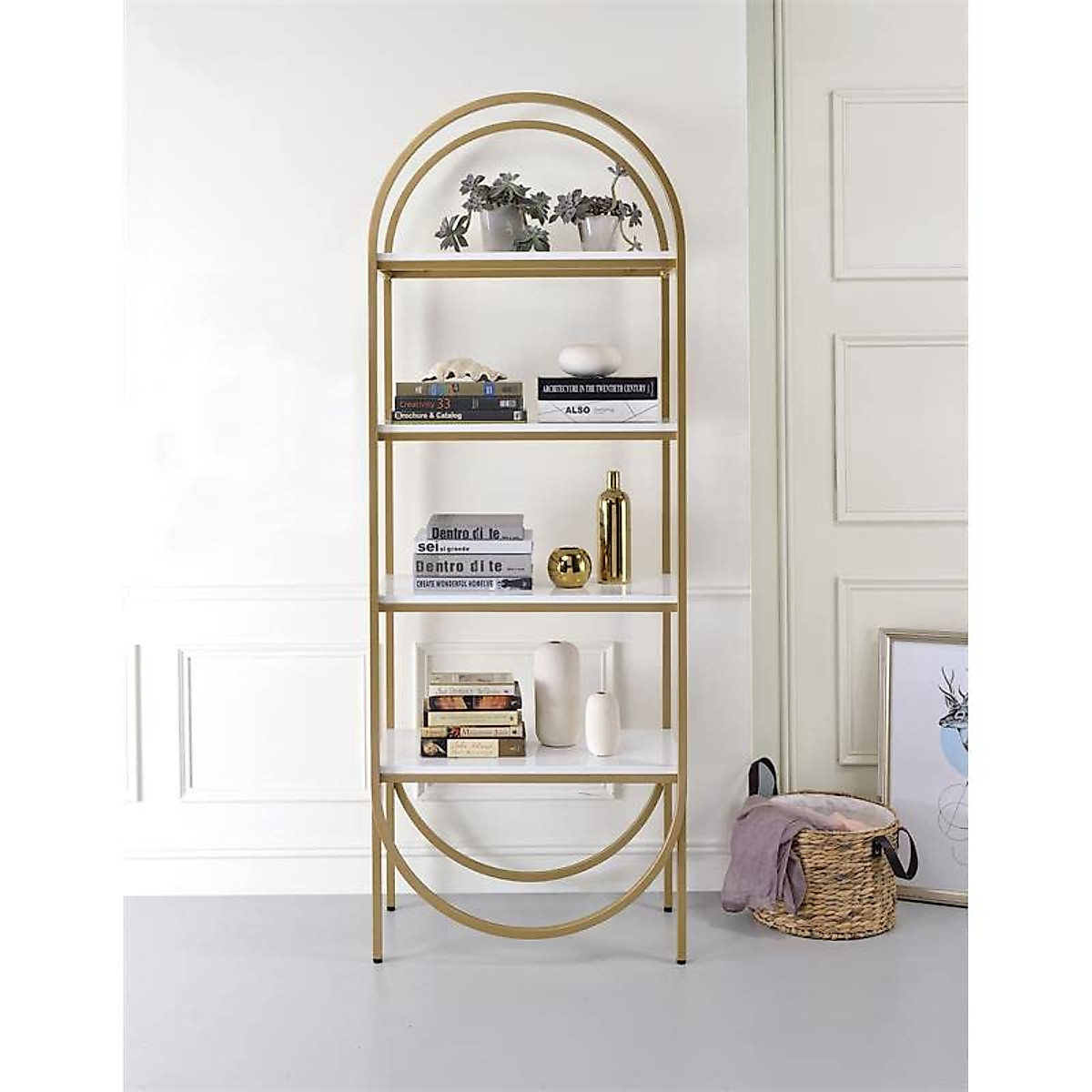 Acme Furniture Lightmane Bookshelf, White High Gloss & Gold
