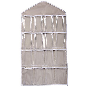 YOMXL Crystal Clear Hanger Storage Organizer 16 Pockets Over The Door Wall Hanging Storage Bags for Socks,Bra,Underwear Organizer (Medium, Beige)