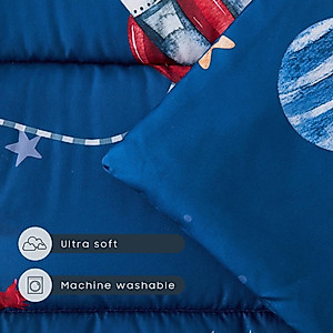 Wake In Cloud - Nap Mat with Removable Pillow for Kids Toddler Boys Girls Daycare Preschool Kindergarten Sleeping Bag, Rockets Space Planet Astronauts on Navy Blue, 100% Soft Microfiber