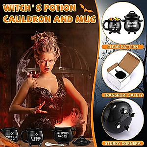Skylety 3 Pcs Witch's Brew Cauldron Cups Include 1 Set 17 Oz Witches Broth Cauldron Coffee Mug with Spoon and Cover 2 Pcs 12 Oz Witches Brew Black Ceramic Cauldron Mug Halloween Mug Drinkware