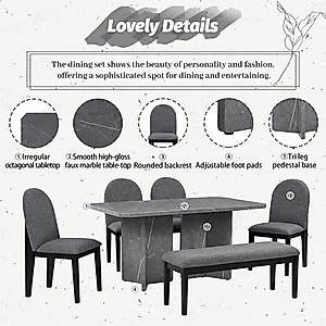 Merax 6 Pieces Dining Table Set with 4 Chairs and 1 Bench,Modern Faux Marble Kitchen Furniture, Gray