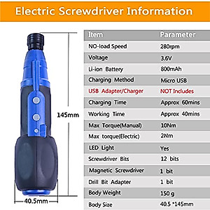 Terokota 3.6V Cordless Power Screwdriver, USB Rechargeable Electric Screwdriver with Philips, Flat, Hex, Star Bits, 1/4Socket Adapters, Magnetic Dual Heads Bit & LED Light