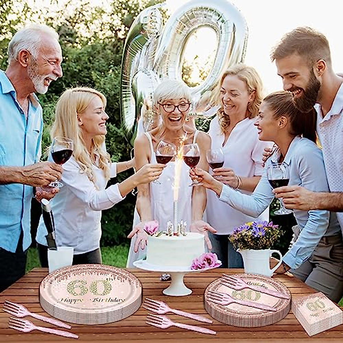 96PCS 60th Birthday Party Tableware Set 60th Birthday Party Supplies 60th Birthday Plates and Napkins 60th Birthday Party Decorations for Women Pink Rose Gold Birthday Plates Napkins Forks Serve 24