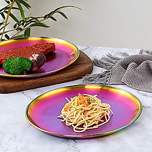 BISDARUN 4-Piece Stainless Steel Dinner Plates Dessert Salad Plates Set Indian, Mingcheng 9.1 Inch Colorful Metal Platter for Camping, Unbreakable and Reusable Dishwasher Safe (Rainbow)