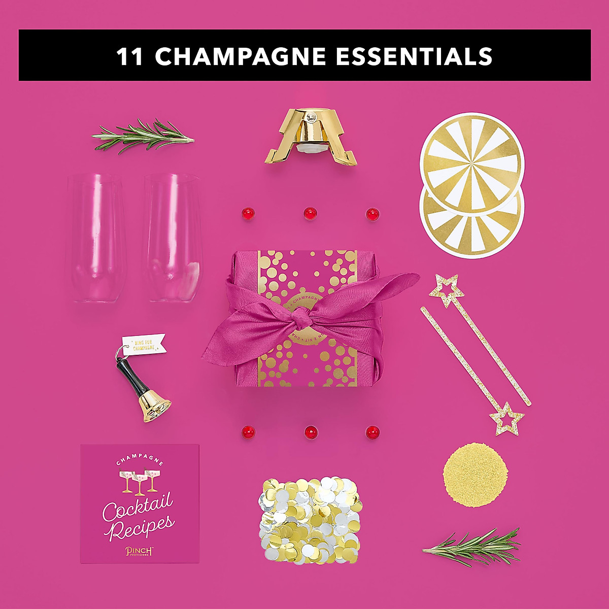 Pinch Provisions Champagne Kit, 11 Bartending & Mixology Essentials, Including Edible Glitter, Champagne Flutes, Bottle Stopper, Pre-Wrapped Bow Box, Perfect for Graduation's, Dinner Parties, or