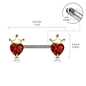 CZ Crystal Heart with Crown Nipple Barbells, Sold as Pair (Gold Tone/Red)
