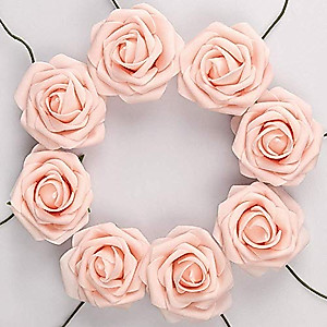 Mocoosy 50pcs Artificial Rose Flowers, Pink Roses Blush Real Touch Foam Fake Rose Bulk with Stem for Wedding Bouquets Centerpieces Wedding Shower Party Home DIY Decoration