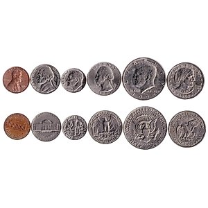 6 Coins from United States | American Coin Set Collection 1 5 Cents 1 Dime 1/4 Quarter 1/2 Half 1 Dollar | Circulated 1959 - 2003 | Susan B. Anthony | Abraham Lincoln | Thomas Jefferson | Franklin D. Roosevelt | John F. Kennedy | George Washington | Monti