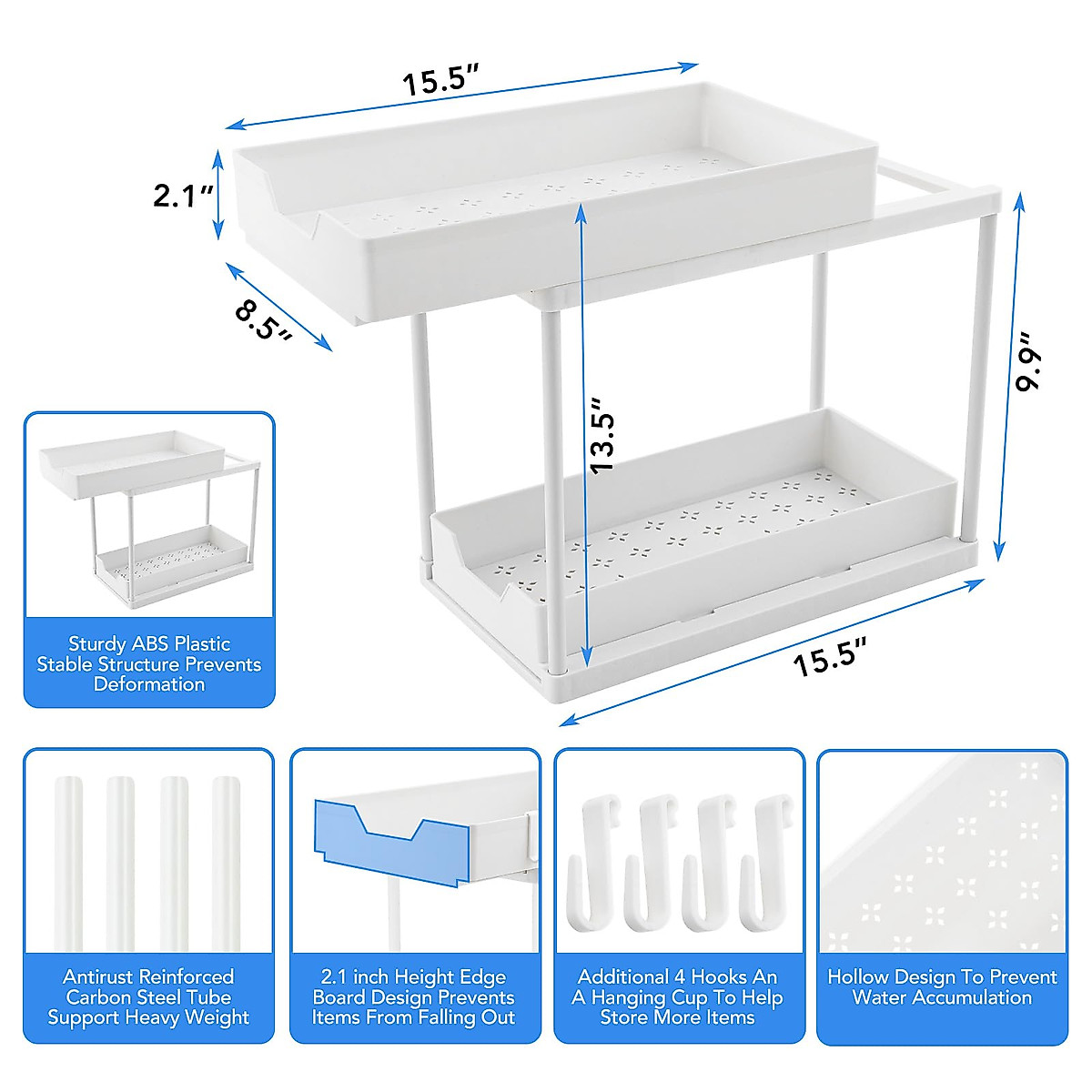 2-Tier Under Sink Organizer Storage, Double Sliding Under Cabinet Basket Organizer with 2 Pull Out Drawers & 4 Hooks, Multi-Purpose Under Shelf Organizer for Bathroom Kitchen (White, 2 Pack)