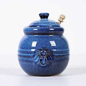 Cutiset Ceramic Honey Pot with Lid and Dipper, 20oz rustic Honey Jar (Blue)
