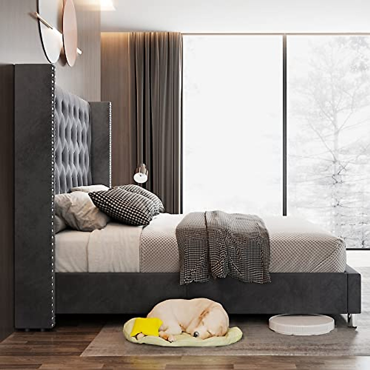 Jocisland Queen Bed Frame Upholstered Bed Wingback Headboard Velvet Tufted Diamond Button/No Box Spring Needed/Easy Assembly/Gray