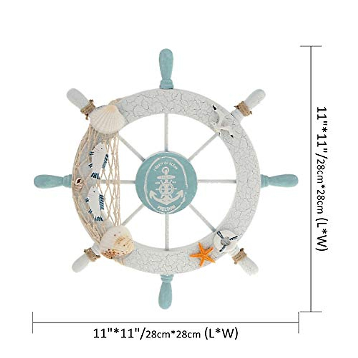 Rienar Nautical Beach Wooden Boat Ship Steering Wheel Fishing Net Shell Home Wall Decor White - Fish