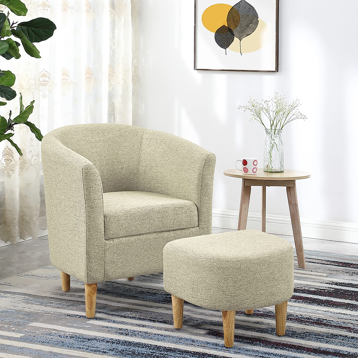 DAZONE Accent Chair Set of 2 Mid Century Modern Chair with Ottoman Comfy Armchair Footrest Set Comfortable Living Room Chairs Upholstered Barrel Club Tub Sofa Chair for Bedroom Reading Room Beige