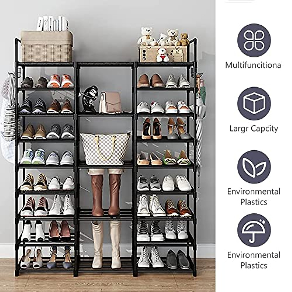 YDTREILS 9 Tier Shoe Rack Organizer, Large Shoe Shelf Holds 46-50 Pairs Shoe and Boots with Versatile Hooks Shoe Stand for Entryway Closet and Hallway