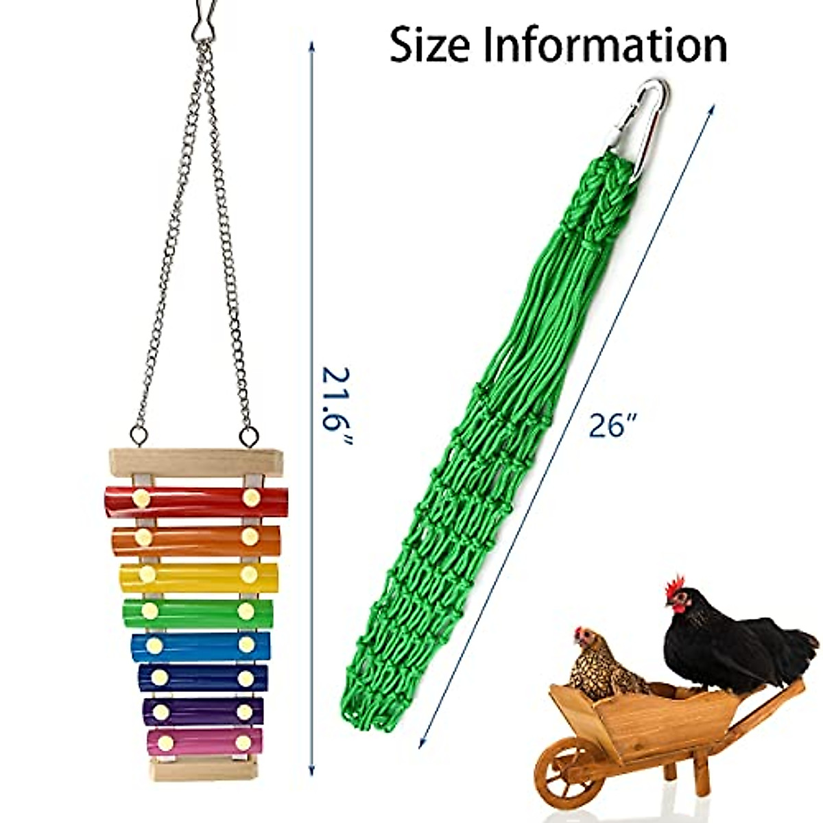 4PCS Chicken Coop Toys-Chicken Xylophone Toy Chicken Veggies Fruit Skewers Lettuce String Bag Hanger Chicken Treats Holder for Hens Roosters Chicks