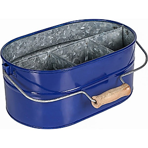 Goroly Home Blue Metal Farmhouse Galvanized Caddy With Wooden Handle - Vintage Rustic Kitchen Organizer With 4 Compartments For Flatware, Napkins, Plates, Cutlery, Flatware, Utensils - Blue