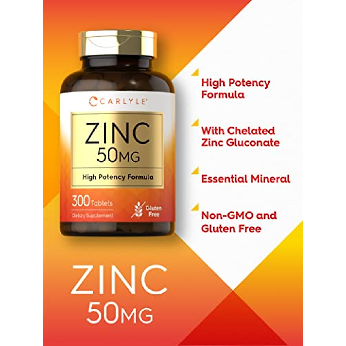 Zinc 50mg | 300 Tablets | Vegetarian, Non-GMO, and Gluten Free Supplement | Zinc Gluconate | High Potency Formula | by Carlyle