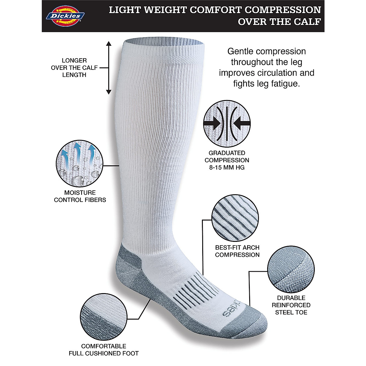 Dickies Men's Light Compression Comfort Over-The-Calf Socks, Available in M-XXL (2, 4 Pairs), Shoe Size: 6-12