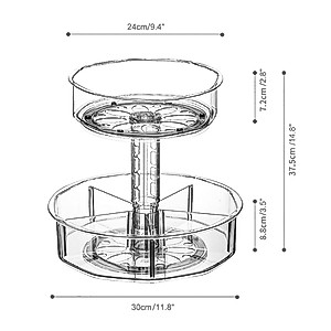 A ALFEEL 2 Tier Lazy Susan Organizer, 11.8 Inches Height Adjustable Rotating Turntable with 5 Divided Bins , Clear Spice Rack for Cabinet, Fridge, Bathroom, Makeup,Medicine ,Pantry Organization