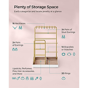SONGMICS Jewelry Holder, Jewelry Organizer, Mother's Day Gifts, Jewelry Display Stand with Metal Frame and Velvet Tray, Necklace Earring Bracelet Holder, for Studs, Rings, Gold Color UJJS021A01