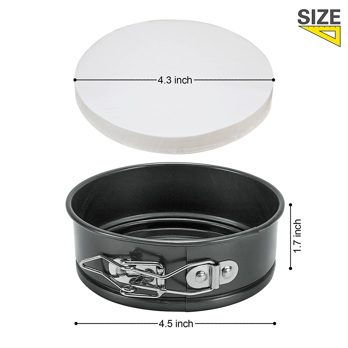 ZETEMC 4.5 Inch Mini Springform Pan, Set of 5 With 100pcs Wax Paper, Small Nonstick Cake Pan for Mini Cheesecakes, Pizzas and Quiches