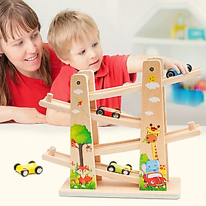 Car Ramp Toys for Toddlers | Wooden Car Track for 1 2 Year Old with 4 Cars & Race Tracks | Montessori Toys Gift for Toddlers Boys and Girls (yellow)