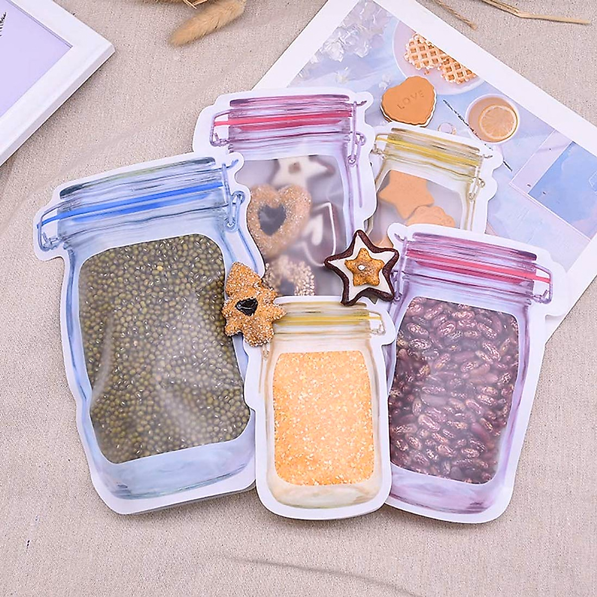 50Pcs Mason Jar Pattern Food Storage Bag Reusable Portable Stand Up Smell Proof Ziplock Bags Snack Saver Container Retail Package Bag Frosted Pouches Blue 9.6×6.7in (24.5×17.5cm)