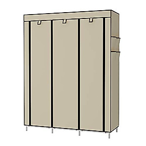 UDEAR Portable Wardrobe Closet Clothes Organizer No-Woven Fabric Cover with 6 Storage Shelves, 2 Hanging Sections and 4 Side Pockets，Beige
