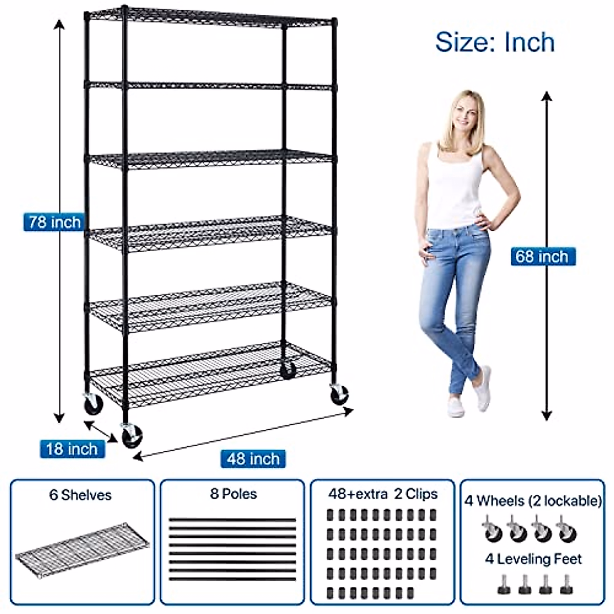 6000Lbs Capacity Heavy Duty Shelving, 6 Tier Wire Shelving Unit on Wheels, NSF Certified Adjustable Storage Shelves Rack for Garage Pantry Basement (18"x 48"x 76", Black) (Black)