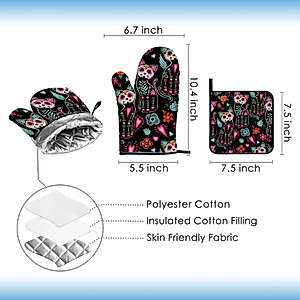 Samgula Day of The Dead Oven Mitts and Pot Holders Sets Cats Skeleton Bright Hearts Flowers Heat Resistant 3pcs for Cooking Baking BBQ