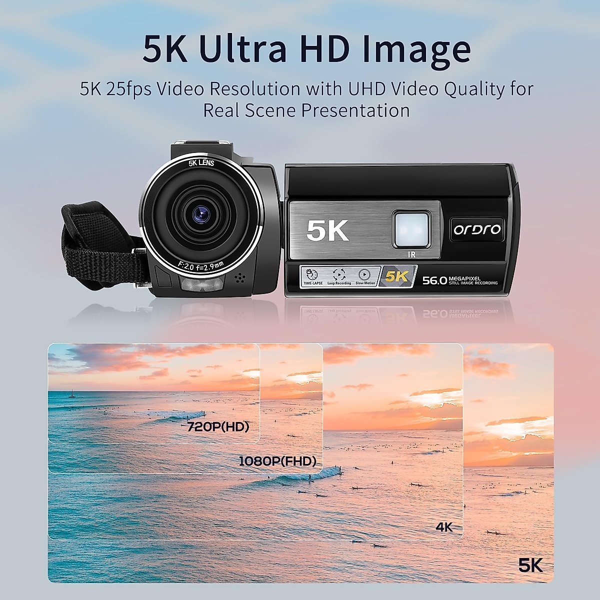 ORDRO 5K Video Camera Camcorder with 95° Wide Angle, WDR Mode, EIS Stabilizer, AE20 Video Camera Recorder IR Night Vision Vlogging Camera for YouTube with IR Night Light, Holder, Remote, 2 Batteries
