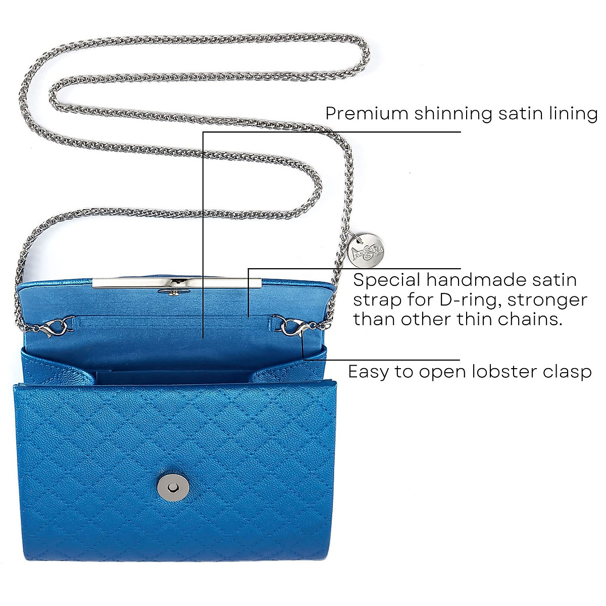 Ava&Lina Clutch Purse for Women, Silver Quilted Clutch, Adjustable Chain Quilted Crossbody (Royal Blue)